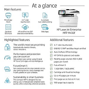 HP Laserjet Enterprise MFP M430f All-in-One Wired Monochrome Laser Printer, White - Print Scan Copy Fax - 4.3" LCD, 40 ppm, Auto Duplex Printing, 50-Sheet ADF, Ethernet (Renewed)