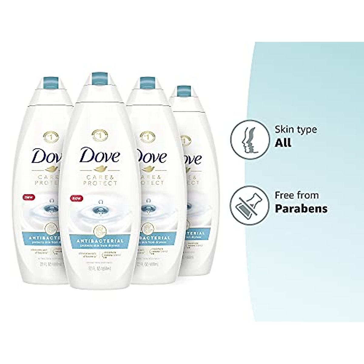 Dove Body Wash For All Skin Types Antibacterial Body Wash Protects from Dryness, 22 Fl Oz (Pack of 4)