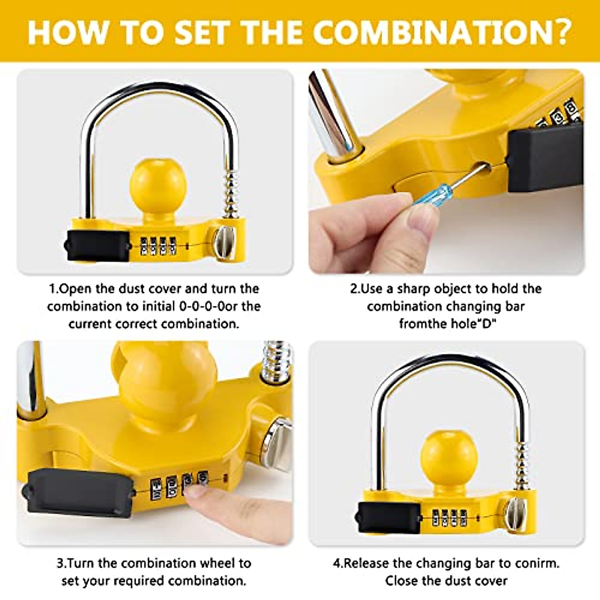 Cenipar Trailer Hitch Lock Universal with Combination Lock, Heavy-Duty Steel Tow Ball Coupler, Fits 1-7/8”, 2”, 2-5/16” Couplers, for Trailer Truck RV SUV Boat Yellow