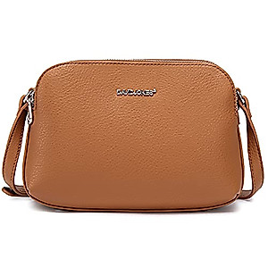 DAVID - JONES INTERNATIONAL. Lightweight Convertible Crossbody Bag Shoulder Bag with 3 Zip Pockets,Vegan Leather Soft Casual Travel Handbags,Small Size Brown Women Purse