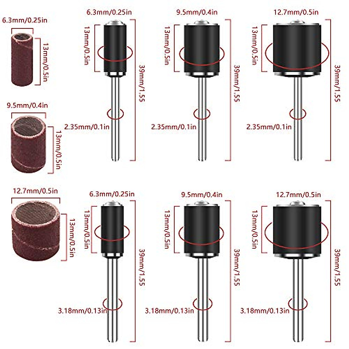 KALIM 132Pcs Sanding Drum Set, 120 Grit Sanding Sleeves with Drum Mandrels, 40Pcs Each Size Drum Sander for Dremel Rotary Tool - 1/4'', 3/8'', 1/2''