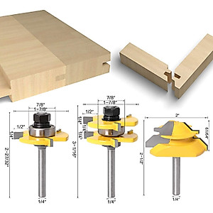 Lock Miter 45 Degree Joint Router Bits + 2Pcs Tongue and Groove Set [1/4-Inch Shank], APLUS 45° Lock Mitre Glue Joint Router Bit + Router Bit Set 3 Teeth T Shape, Wood Milling Cutter Woodworking Tool