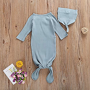 CIYCUIT Baby Boy Girl Gowns Newborn Coming Home from Hospital Outfit Ribbed Knotted Nightgown with Hat Blue 0-6 Months