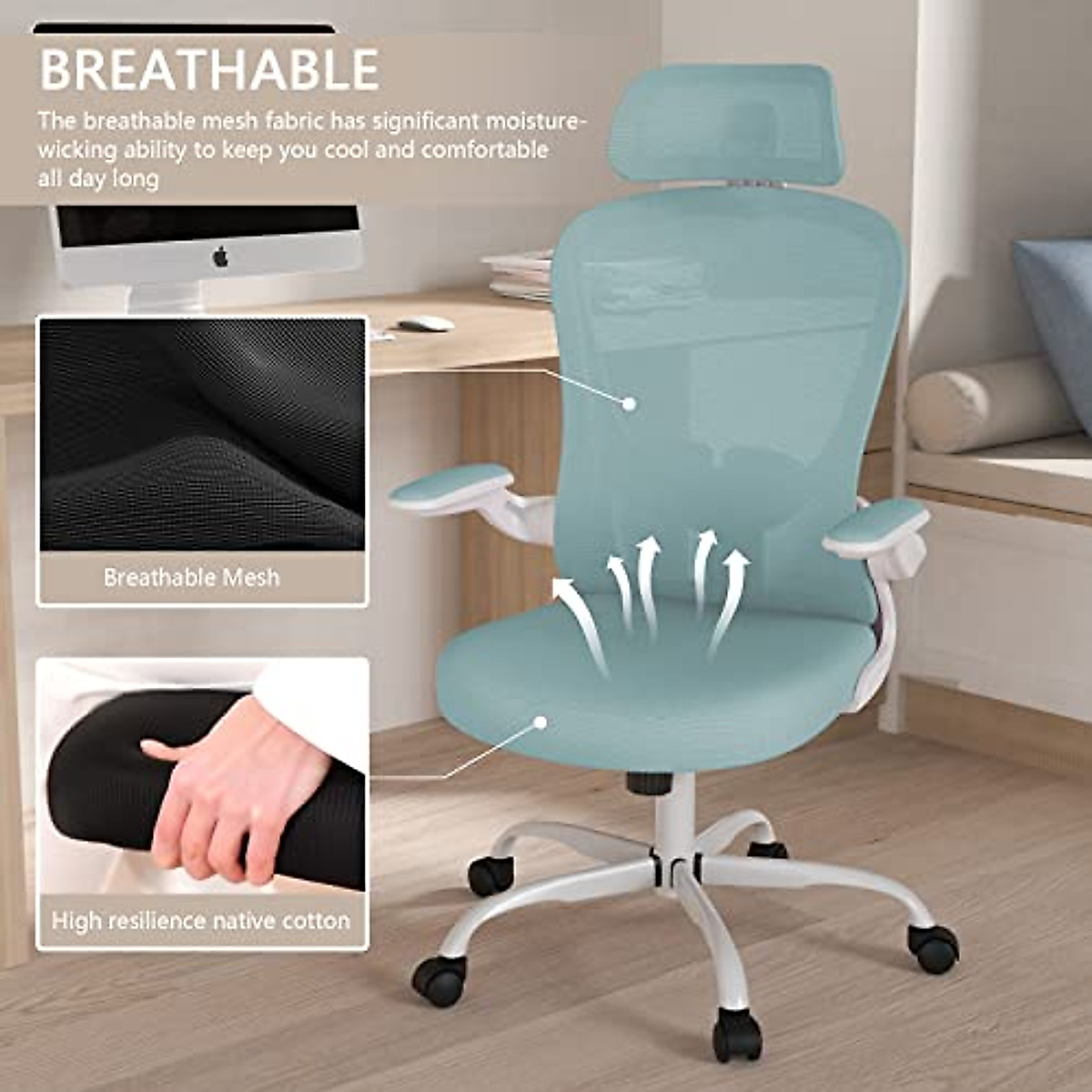 Office Chair, High Back Ergonomic Desk Chair, Breathable Mesh Desk Chair with Adjustable Lumbar Support and Headrest, Swivel Task Chair with flip-up Armrests, Executive Chair for Home Office