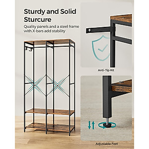 SONGMICS Clothes Rack, Iron and Wood Wardrobe Closet Organizer, Heavy Duty Garment Rack with Hanging Rods, Closet Shelves, Removable Hooks, 15.7 x 37.2 x 70.9 Inches, Rustic Brown URGR004B01