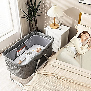 BABY JOY Bassinet, 2 in 1 Rocking Bassinet for Baby w/Detachable Curtain Cloth, Mattress, Breathable Mesh, Adjustable Height, Quick Folding Crib w/Travel Bag for Newborn Infants, Portable Bassinet