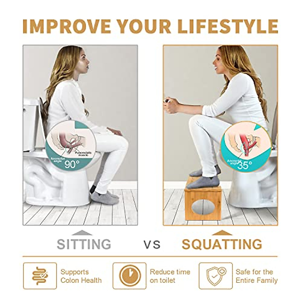 BQYPOWER Toilet Stool, Bamboo 8 Inch Toilet Potty Stool, Foldable Bathroom Poop Stool with Non-Slip Mat for Adults Children…