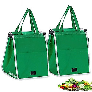 Helishy 2Pack Reusable Grocery Bags Shopping Trolley Bags, Green Non-woven Tote Bags with Handles, Collapsible Grab and Go Bag Clip on Shopping Cart