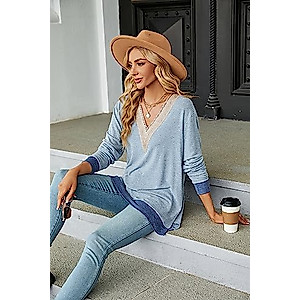 Keificle Women's V-Neck Pullover Color Blocking Long Sleeves Side Split Fall Tunic Tops (Large, 01_Light Blue)