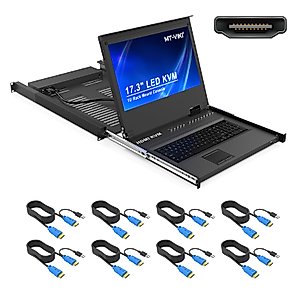 MT-VIKI® Rack Mount KVM HDMI w/ 17.3'' LCD Monitor, 1080P 8 Port LCD KVM Console Integrated Touch-pad++Monitor+Keyboard+8 KVM Cables, Support OSD/Hotkey, Fit 1U 19'' Rack