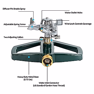 STYDDI Metal Pulsating Impact Sprinkler with Metal Base, Heavy Duty Adjustable Circular Zinc Impulse Sprinkler for Lawn, Yard and Large Area, Water Coverage up to 5,800 Sq. ft