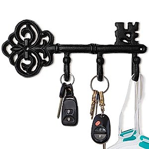 IRISVITA Key Holder for Wall Decorative, Antique Black Cast Iron Wall Key Holder, Rustic Key Hooks for Wall with 3 Hooks, 8.75 x 3.5 Inches with Gitable Packaging, Matching Screws and Anchors included