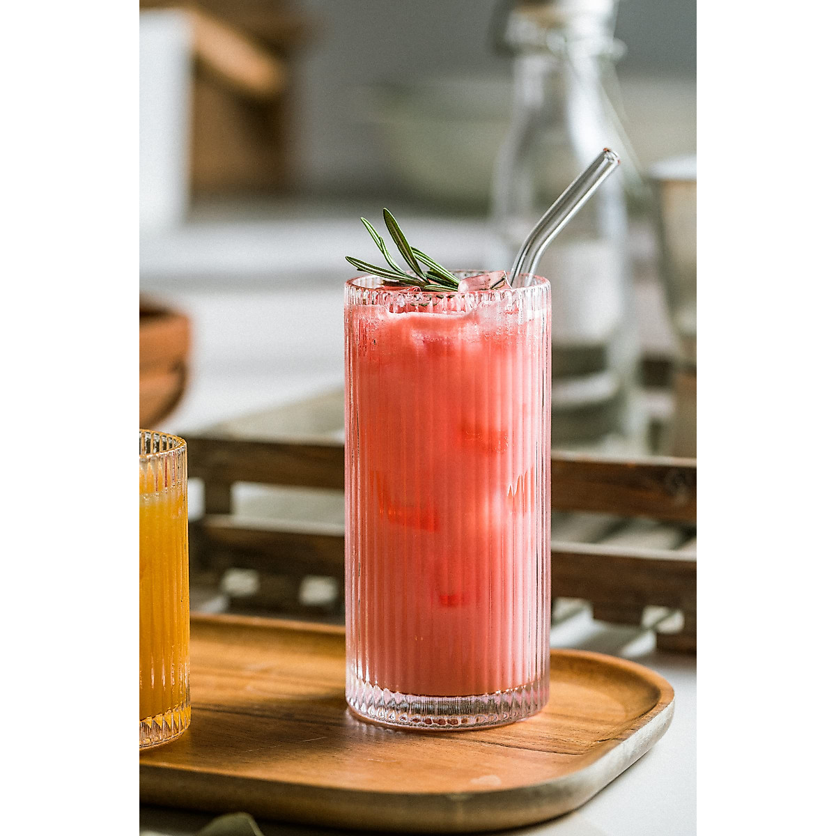 POLIDREAM Drinking Glasses with Origami Style Set of 4 Glass Cups, 12 oz Ribbed Glassware, Highball Glass Cups, Elegant Art Deco Ripple Vintage Glassware, Juice Glasses, Ideal for Cocktail, Beer