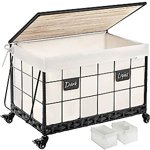 GREENSTELL Storage Basket with Wheels and Lid, 65L Handwoven Large Shelf Basket with Cotton Liner and Metal Frame, Foldable & Easy to Install, Storage Box Basket Bin with Handle Black