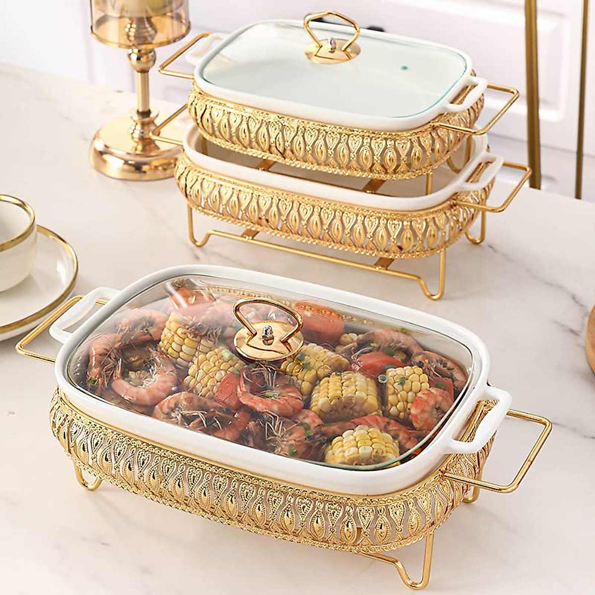 HONHPD 3 Pieces Set Gold Ceramics Chafing Dish Buffet Set, Full Size Chafers and Buffet Warmers W/Glass Lid, Underglaze Rectangle Food Warming Tray for Weddings Party（11inch, 13inch, 15inch）