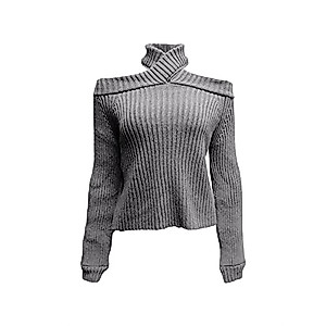 Women's Cold Shoulder Halterneck Sweater Crossed V- Neck Crop Halter Knit Pullover Off Shoulder Long Sleeve Knitted Top (Grey,Medium)