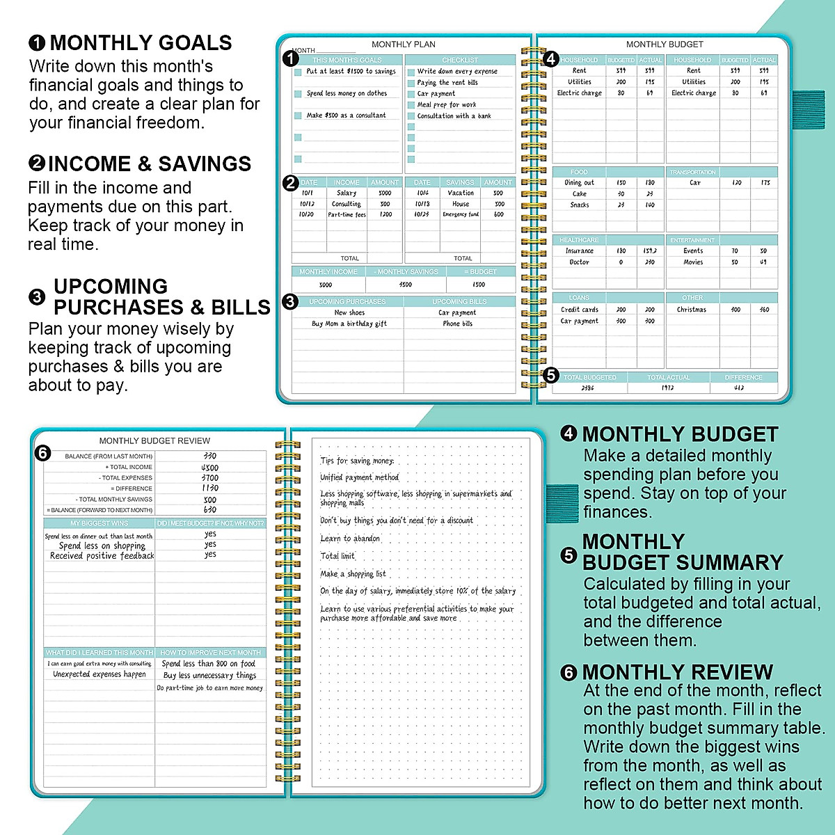 Regolden-Book Budget Planner - Undated Monthly Bill Organizer with Pockets, Hardcover Budget Book, Financial Planner & Accounts Book to Control Your Money. 12 Months-Teal, A5 Size(8.5''x6")