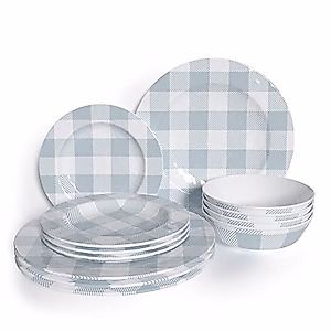 Barnyard Designs 12-piece Melamine Dinnerware Set, Durable Chip-Resistant Dishware for Indoor/Outdoor Use, Service for 4, Light Blue Buffalo Plaid, (Dinner Plate: 11”, Salad Plate: 8.5”, Bowl: 7”)