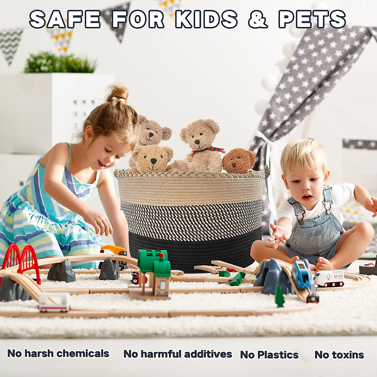 Large Woven Cotton Rope Basket - 22" x22"x 14", Baby Laundry Basket, Blanket Basket, Storage Baskets, Home Organizing Bins and Nursery Decor with Handle for Blankets, Toys, Clothes