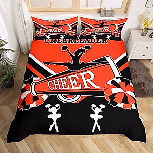 Erosebridal Cute Cheerleader Bedding Full Size Black and Red Duvet Cover, Cheerleading Comforter Cover Dancer Theme Bed Set, Cheerleading Dance Quilt Cover for Girls Bedroom Decor