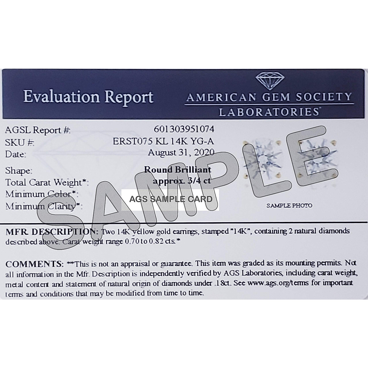 AGS Certified 14K Yellow Gold 3/4 Carat TW Round Diamond Solitaire Stud Earrings