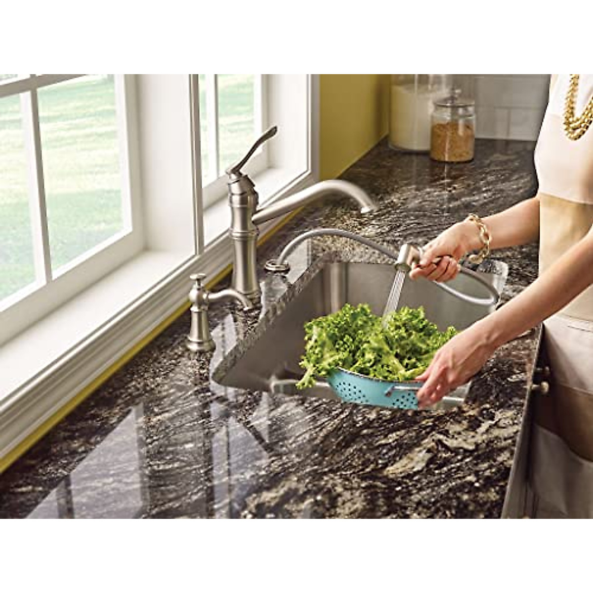 Moen S3945SRS Traditional Deck Mounted Kitchen Soap Dispenser with Above the Sink Refillable Bottle, Spot Resist Stainless