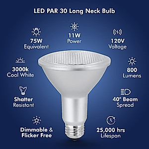 Xtricity PAR 30 led bulbs Dimmable Long Neck Bulb, 11W led flood light bulbs 75 watt equivalent, 800 Lumens, 3000k Soft White, 120V, Indoor/Outdoor, Energy Star Certified, UL Listed (6 Pack)