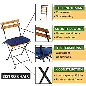 BEEFURNI Wooden Folding Table and Chairs with Cushions for Small Spaces, Teak Wood Bistro Set 3 Piece Outdoor Indoor, No Assembly Required, Perfect Size for Your Balcony, Garden, Backyard, Patio