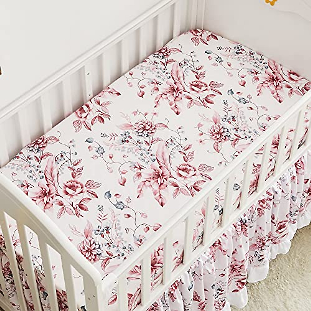 Brandream Girls Nursery Bedding Pink Floral Crib Bedding Set 3 Piece Farmhouse Baby Blanket Set, 3 Piece