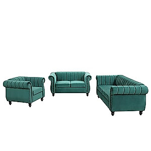 3-Piece Sofa Sets Living Room Sets with Solid Wood legs, Buttoned Tufted Backrest, Frosted Velvet Upholstered Couches Sets Including 3-Seat Sofa, Loveseat and Chair for Living Room (Green)