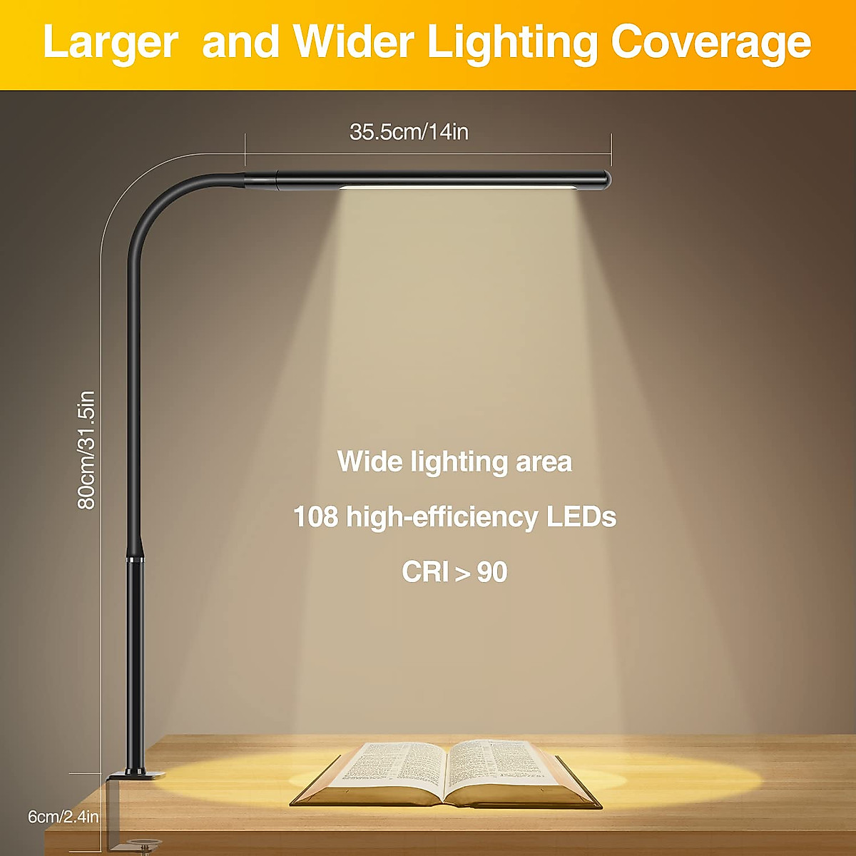 Desk Lamp Clamp, 12W Bright LED Desk Light for Home Office, Eye-Caring Table Light for Dorm Room, 3 Color 10 Brightness, Long Flexible 360° Goosenecks, Metal Swing Arm, 10W USB Adapter, Black.