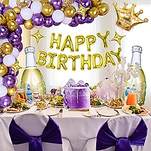 Purple Gold Birthday Decorations for Women Girls, Gold Happy Birthday Banner 13th 16th 18th 21st 30th 40th 50th 60th Birthday Party Decorations, Champagne Purple Gold & White Balloon Arch Kit