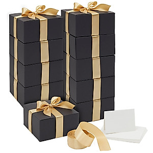Stockroom Plus 10 Pack Black Gift Boxes with Lids, Ribbon and Blank White Greeting Cards (8 x 8 x 4 in)