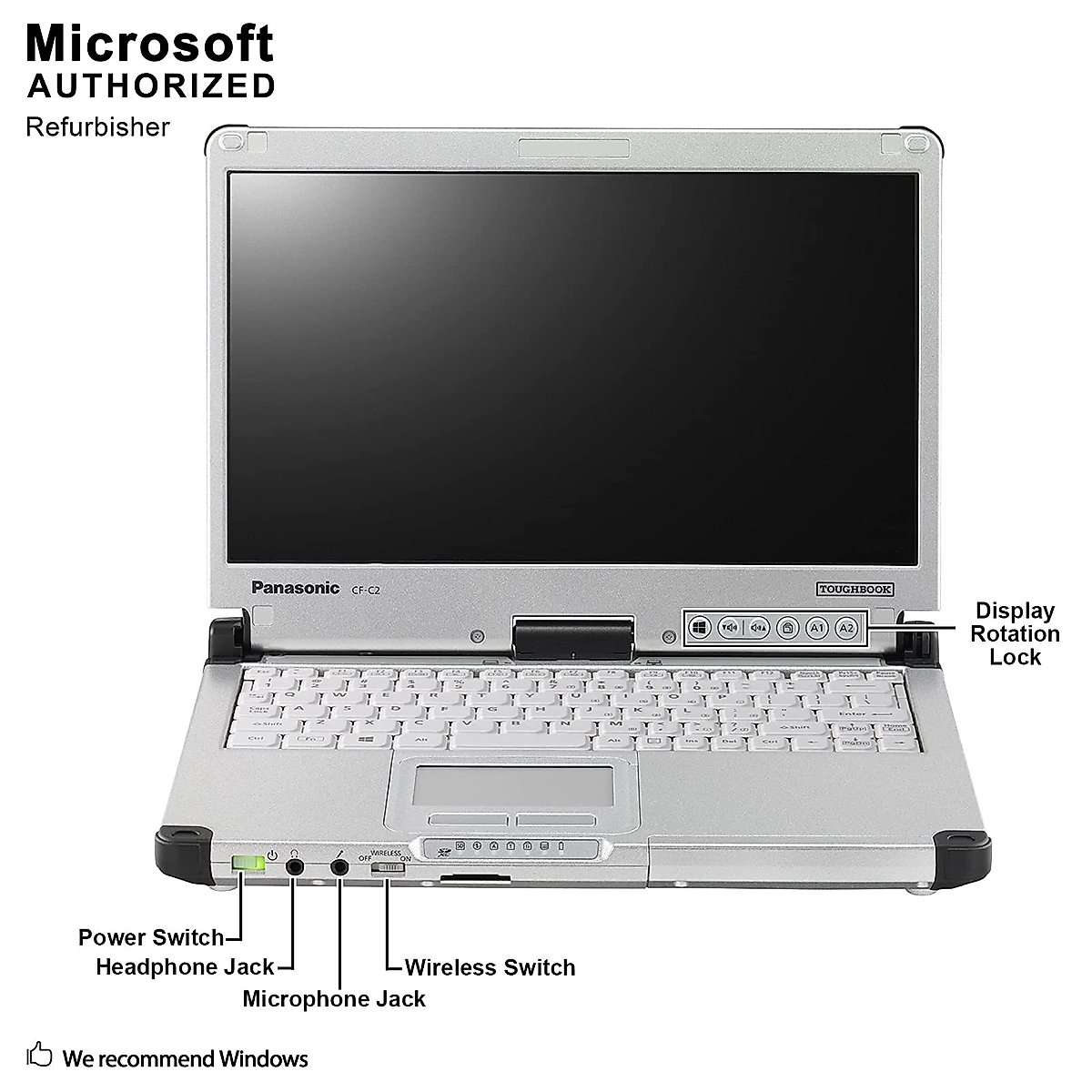 Panasonic Toughbook CF-C2 12.5 Inch Laptop , Intel Core i5 4300U up to 2.9GHz, 8G DDR3L, 480G SSD, WiFi, USB 3.0, VGA, HDMI, Windows 10 64 Bit-Multi-Language, English/Spanish/French(CI5) (Renewed)