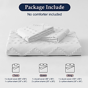 downluxe Boho Duvet Cover Queen - Embroidery Shabby Chic Queen Duvet Cover Set for All Seasons, 3 Pieces Tufted Boho Bedding, Comforter Cover with Zipper (White 02, Queen, 90" x 90")