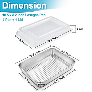 TeamFar Rectangular Cake Pan with Lid, 10.5 Inch Stainless Steel Small Baking Roasting Lasagna Cake Pan, Corrugated Bottom & Deep Side, Healthy & Heavy Duty, Dishwasher Safe - (1 Pan + 1 Lid)