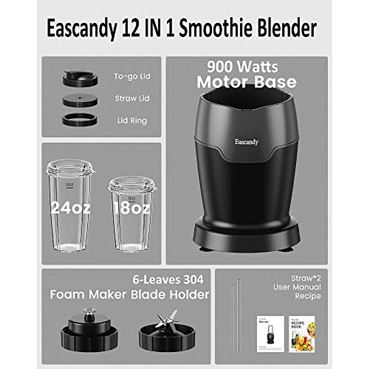 900 Watts Smoothie Blender for Shakes and Smoothies, 12 in 1 Set Bullet Personal Blender with Milk Frother, Germany 3D Stainless Steel 6-Leaves Blades Smoothie Maker, 24oz and 18oz Tritan BPA-Free To-Go Cups