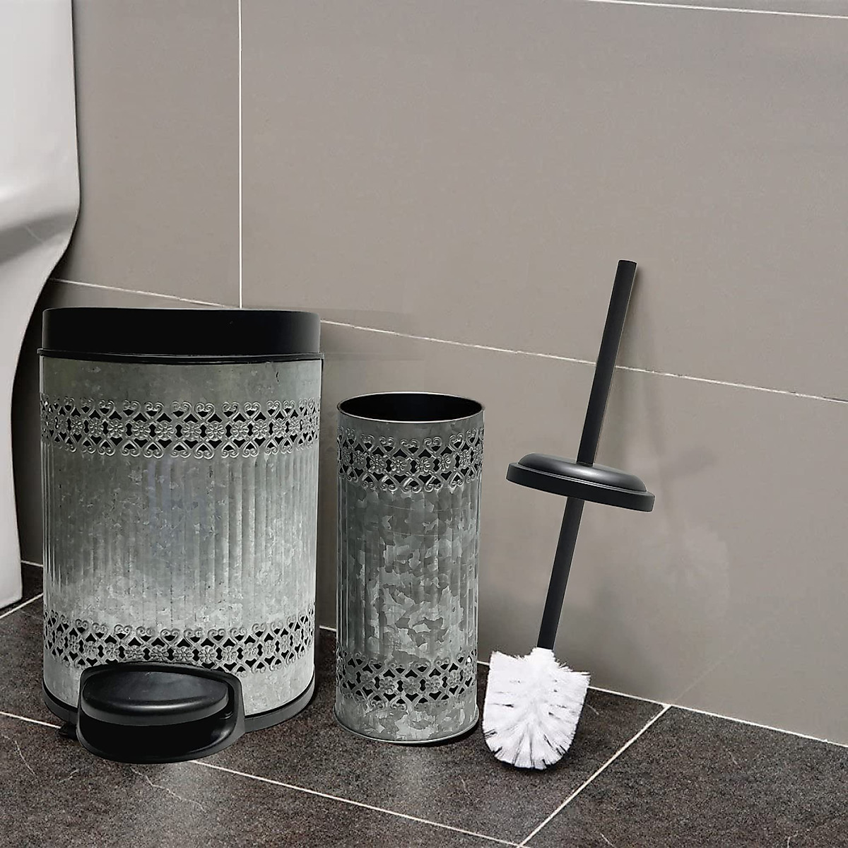 nu steel Laser Cut Galvanised Steel Step Garbage Trash Can & Toilet Brush Holder with Lid: 5 Liter/1.32 gal for The Kitchen, Bathroom, Bedroom, Patio, RV