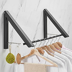 Foldable Wall Mounted Drying Rack with 80CM Extension Rod，Heavy Duty Aluminum Telescopic Clothes Hanger for Laundry Room Organisation Storage Drying Hanging Clothes with Drying Rod (2-Pack, Black)