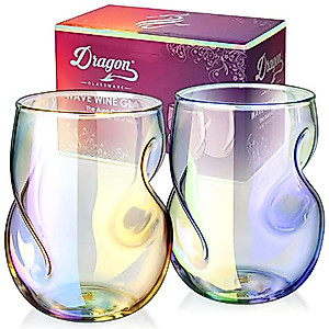 Dragon Glassware Stemless Wine Glasses, Iridescent Glass with Finger Indentations, Naturally Aerates Wine, Unique and Elegant Drinkware, 16 oz Capacity, Set of 2