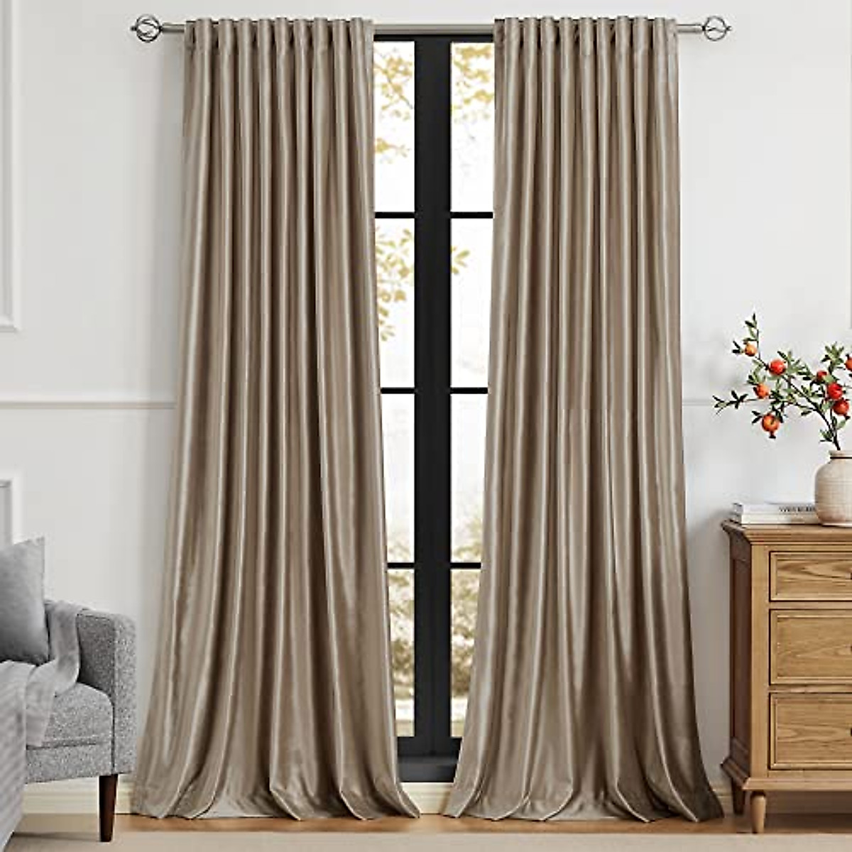 PRIMROSE Blackout Taupe Velvet Curtains 108 inch Long for Living Room,Set of 2 Panels Liner Rod Pocket Back Tab Thermal Window Curtains Drapes Room Darkening Heavy Decorative Curtains for Bedroom