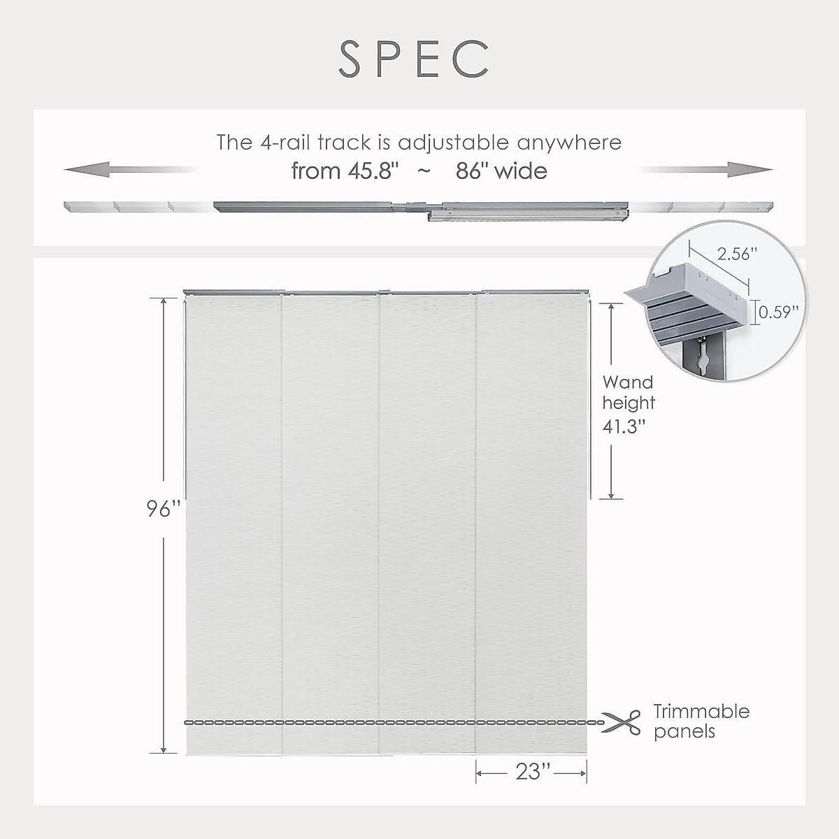 GoDear Design Adjustable Sliding Room Dividers Panel Blinds 45.8"- 86" W x 96" H, Extendable Track Vertical Blinds for Windows Patio Doors, Trimmable Vertical Panel Curtains, Semi Privacy, Snowdrop