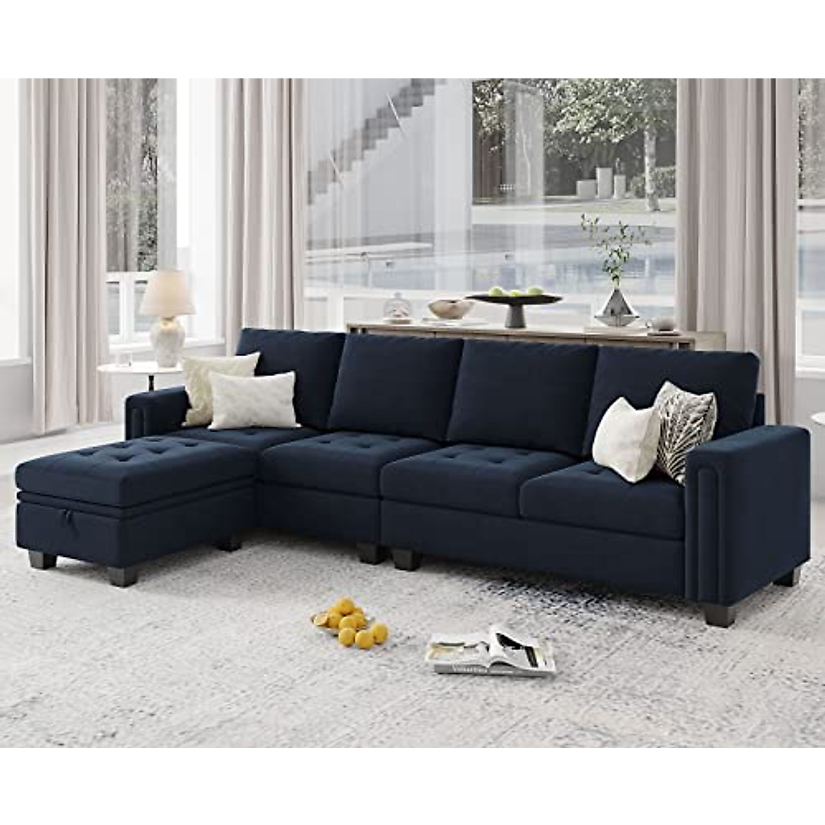 Belffin Velvet Reversible Sectional Sofa with Chaise Convertible L Shaped 4-seat Sectional Couch with Storage Ottoman Blue