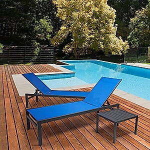 LYMJARD Patio Chaise Lounge 3 Pcs Aluminum Lounge Chair Sets Outdoor 5 Position Adjustable, All Weather for Pool Beach Patio Backyard Lawn and Garden,Side Table Included (Blue Textilene)