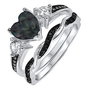 His Hers Wedding Ring Set TRIO 3 PCS Simulated Black Topaz Bridal Set Silver Black Titanium Him Her 11/12