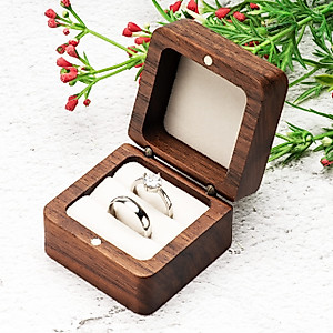 COSISO Square Solid Wood Double Ring Box Case for Wedding Ceremony Engagement Proposal,Wooden Ring Holder for 2 Rings (Beige Inner)