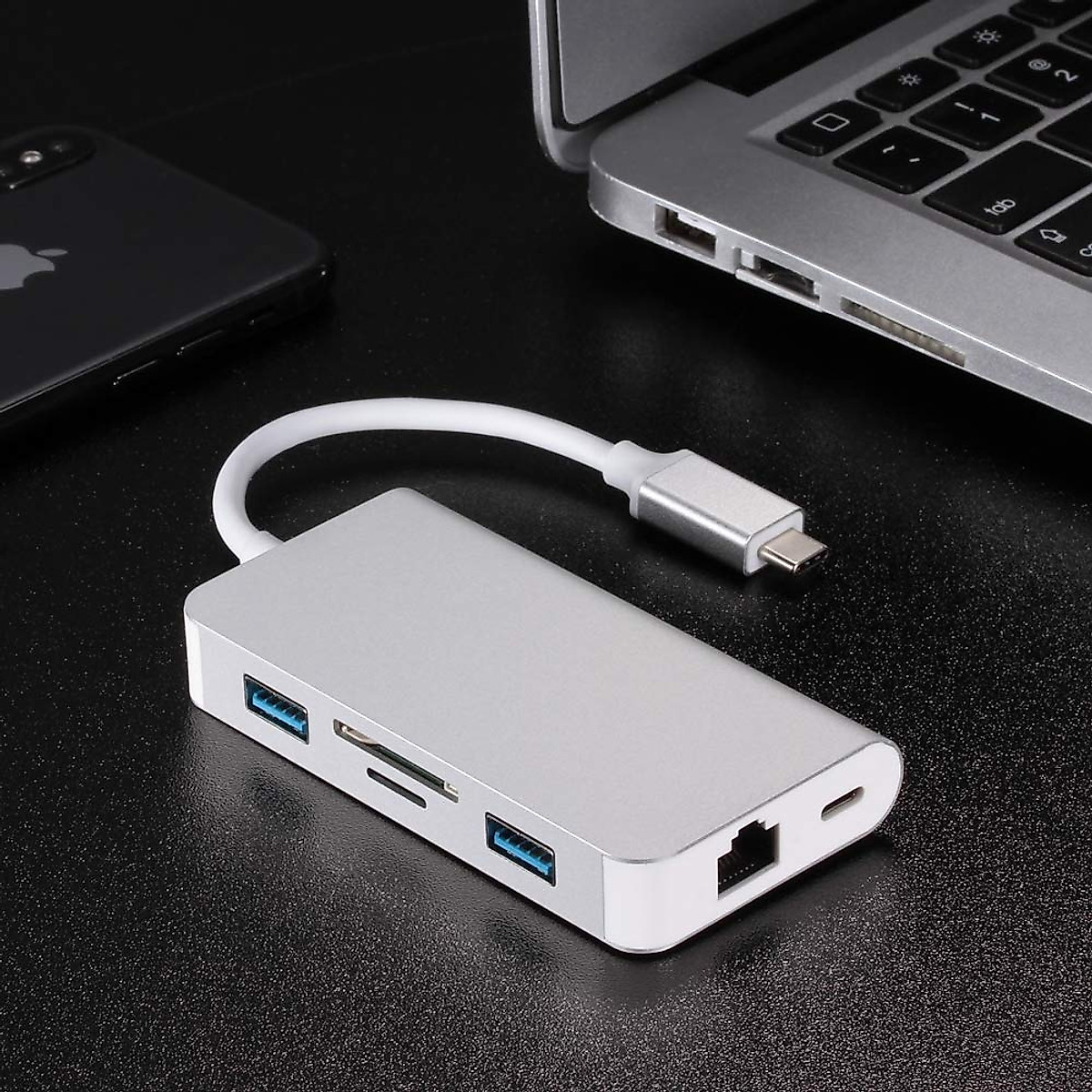 USB Hub Portable USB Hub 6 in 1 Type C USB 3.0 Hubs Type-C to 2xUSB3.0 RJ45 SD TF Card PD Charging Port Adapter Cable Converter for Laptop MacBook(Silver) (Color : Silver)