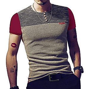 LOGEEYAR Mens Premium Fitted Short-Sleeve Contrast Color Stitching T-Shirt(Red XL)