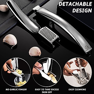 Garlic Press Stainless Steel, No Need to Peel Garlic Mincer Tool for Fine Garlic, Detachable for Easy Cleaning, Garlic Presser and Masher, Dishwasher Safe Garlic Crusher with 5-Year Warranty