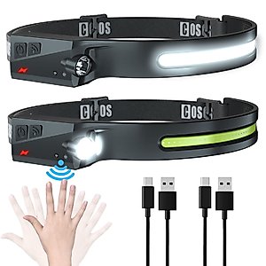 COSOOS 2 LED Headlamp Rechargeable Flashlight, Bright Headlight, Adjustable Headband for Kids & Adults, 1000Lumen Wide Beam & Spot Light, Motion Sensor, 2.4oz Lightweight, Hiking & Camping Gear